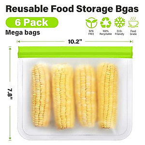 Reusable Food Storage Bags, 6 Pack BPA Free Reusable Freezer Bags, Reusable Sandwich Bags, Extra Thick Leakproof Food Grade Silicone Lunch Food Bags for Meat Veggies 6 Gallon Bags