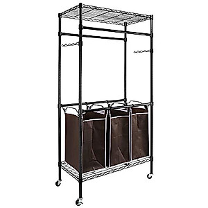 Knocbel Garment Rack Clothes Wardrobe Rolling Cart with Height Adjustable Hanging Bars Swing Arms, 3-Section Laundry Sorter Hampers, Storage Shelf, 4 Detachable Wheels (Black)