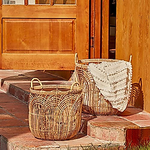 LA JOLIE MUSE Hand Woven Laundry Basket Set of 2, Boho Wicker Baskets Hamper with Handle, Chic Decorative Blanket Basket Holder for Living Room Bedroom Bathroom Home Office Storage