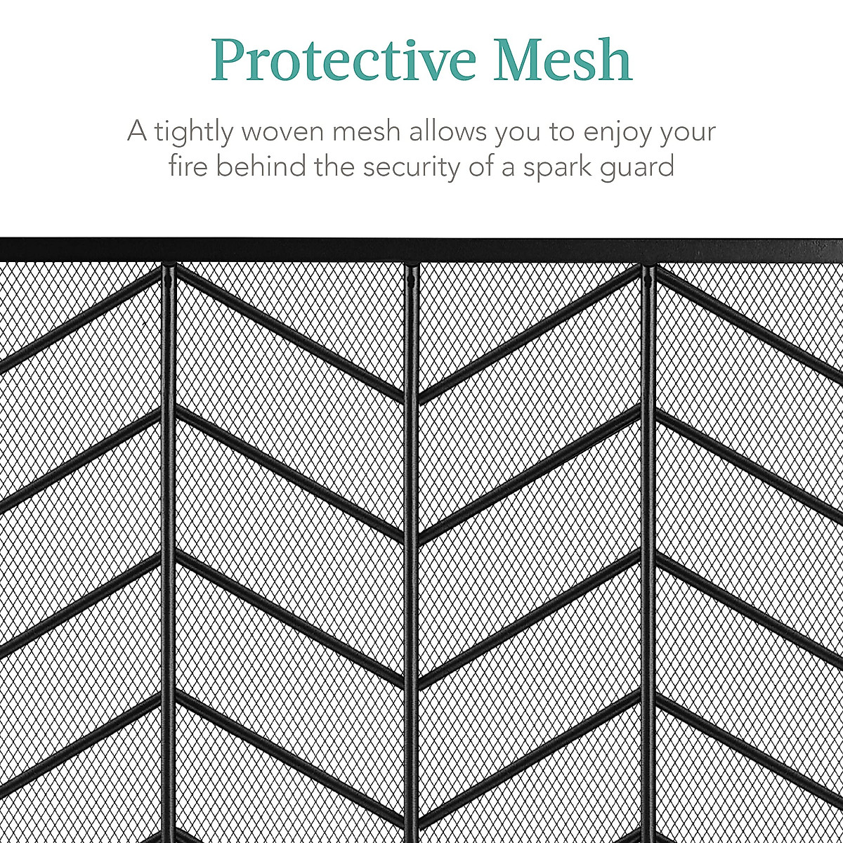 Best Choice Products 52x31in 3 Panel Chevron Fireplace Screen, Mid Century Modern Wrought Iron Hand Crafted Fire Place Guard for Living Room Home Decor, Steel Mesh - Black