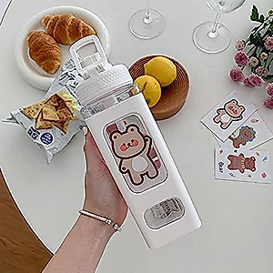 JQWSVE Kawaii Bear Water Bottle with Straw and Sticker, 24 oz Portable Square Drinking Bottle