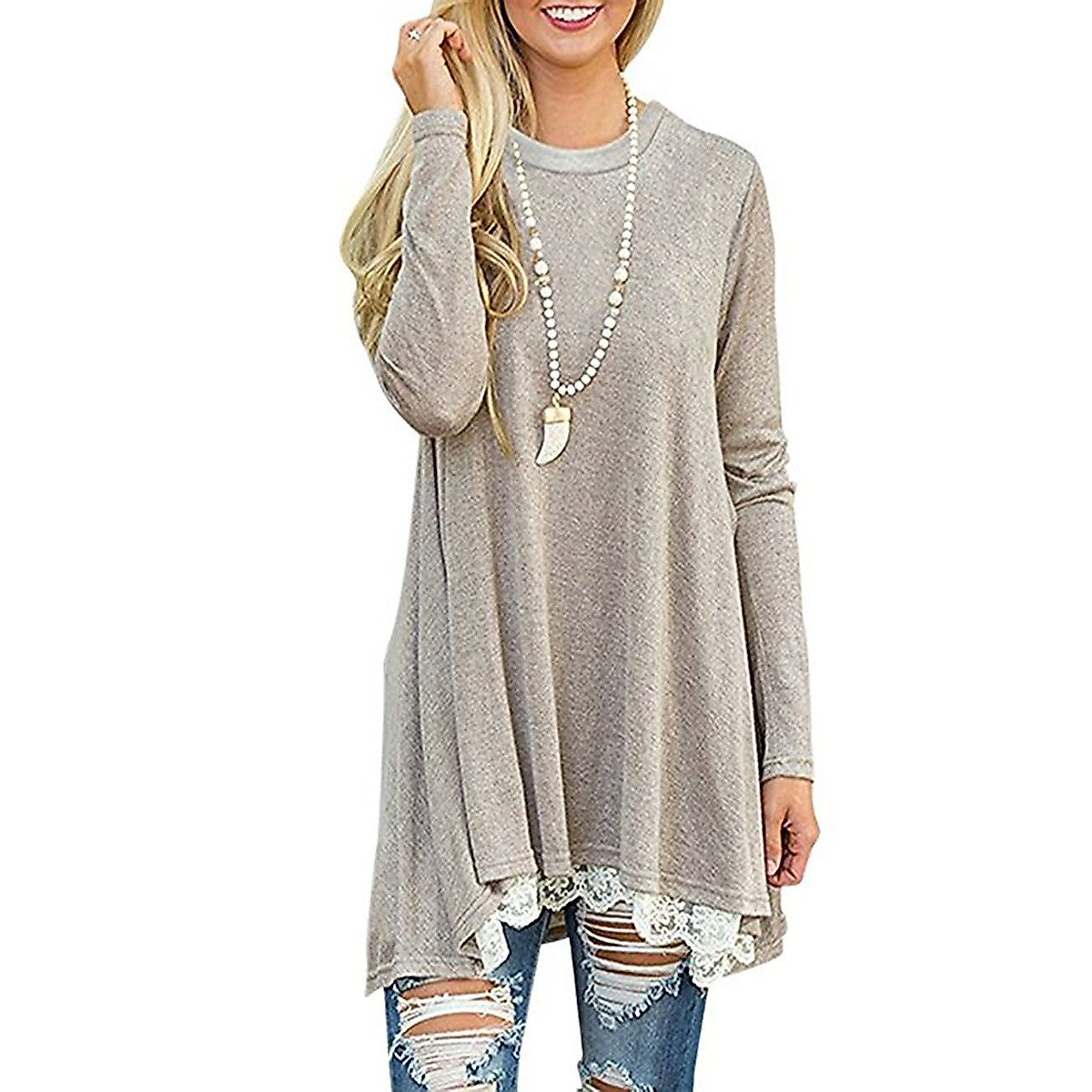 Andaa Women's Crew Neck Long Sleeve Lace Splicing Swing Shirt Dresses Long Tunic Blouses Shirts for Leggings Khaki