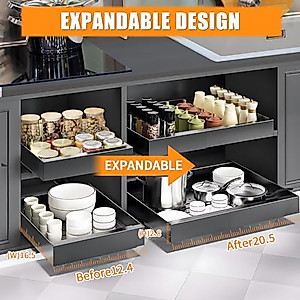 2 Pcs Pull Out Cabinet Organizer, Expandable(12.4"-20.5") Pull Out Drawers for Cabinets Slide Out Drawers for Kitchen Cabinets with Adhesive Nano Film Mounting Adjustable for Kitchen, Pantry (Black)