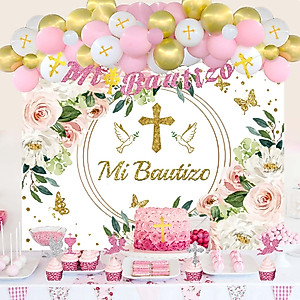 Fiesec Mi Bautizo Decorations for Girls, Baptism First Communion Christening God Bless Party Decorations Backdrop Balloon Garland Arch Glitter Banner Cake Cupcake Topper Gold Pink 103 PCs