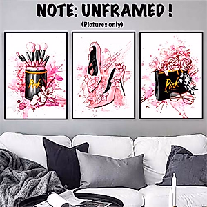 Women Fashion Canvas Wall Art ,Pink Bedroom Wall Decor, Perfume Modern Art Posters，Fashion High Heels, Makeup Brush, , Girls Room Decor, Black and Pink Fashion Poster
