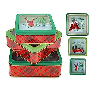 Plum Designs Christmas Metal Cookie Tins Set of 3 Sizes - Decorative Cookie Tins |Gift Set| Tins with lids, | Merry and bright, Christmas Themes and Colors| Nesting Tins