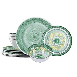 Cocorea Melamine Dinnerware Set, 12-Piece Unbreakable Plates and Bowls, Light weight for Outdoor Use, Green