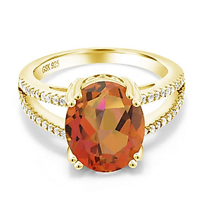 Gem Stone King 18K Yellow Gold Plated Silver Twilight Orange Mystic Quartz Ring For Women (4.48 Cttw, Oval 12X10MM, Gemstone Birthstone, Available In Size 5, 6, 7, 8, 9)