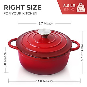 Trustmade 3 QT Cast Iron Dutch Oven, Enamel Coated Cookware Pot with Self Basting Lid for Home Baking, Braiser, Cooking, Red