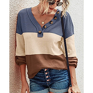 BTFBM Women Long Sleeve Shirts 2024 Fall Fashion V Neck Loose Casual Blouse Deco Button Lightweight Waffle Knit Pullover(Stripe Blue, Medium)