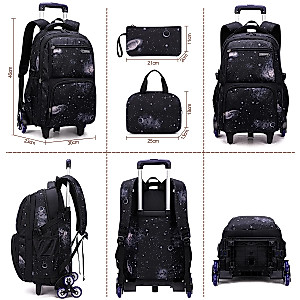 Voici et Voila Backpack with Wheels, Galaxy Trolley Schoolbag Kids Rolling Backpack with Lunch Box and Pencil Case Rolling Trolley Book Bag for Kids Boys