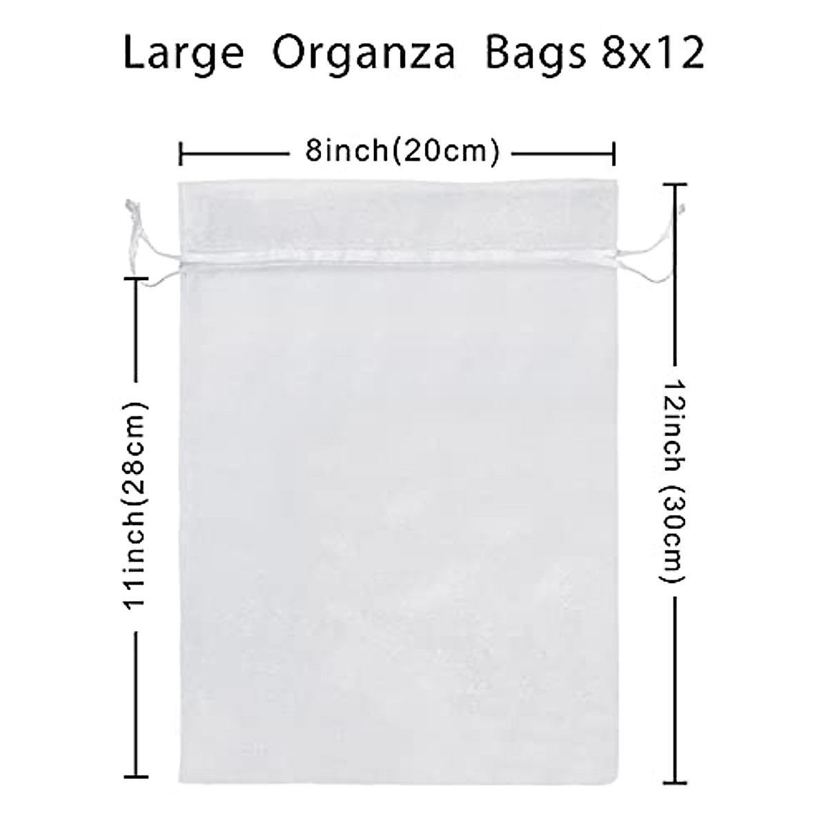 Jexila 50 Pack White Organza Bags 8X12 inch Large Mesh Gift Drawstring Pouch Goodie Bags for Party Christmas Wedding Party Favor Bags (White)