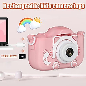Vasttron Camera Toys for Kids 3 4 5 6 7 8 9 10 11 12 Years - Girls Boys Gift Digital Selfie Cameras Toddler Pink/Blue Cute Cat Camcorder Video Game Tools Children Electronics Toy with 32GB SD Card
