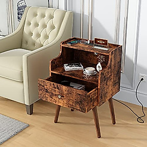 NONGSHIM Nightstand, Side Table with Charging Station, Mid-Century Modern Night Stands, Bedside Table with Storage Drawer and Solid Wood Legs, Accent End Table for Living Room, Bedroom, Rustic Brown