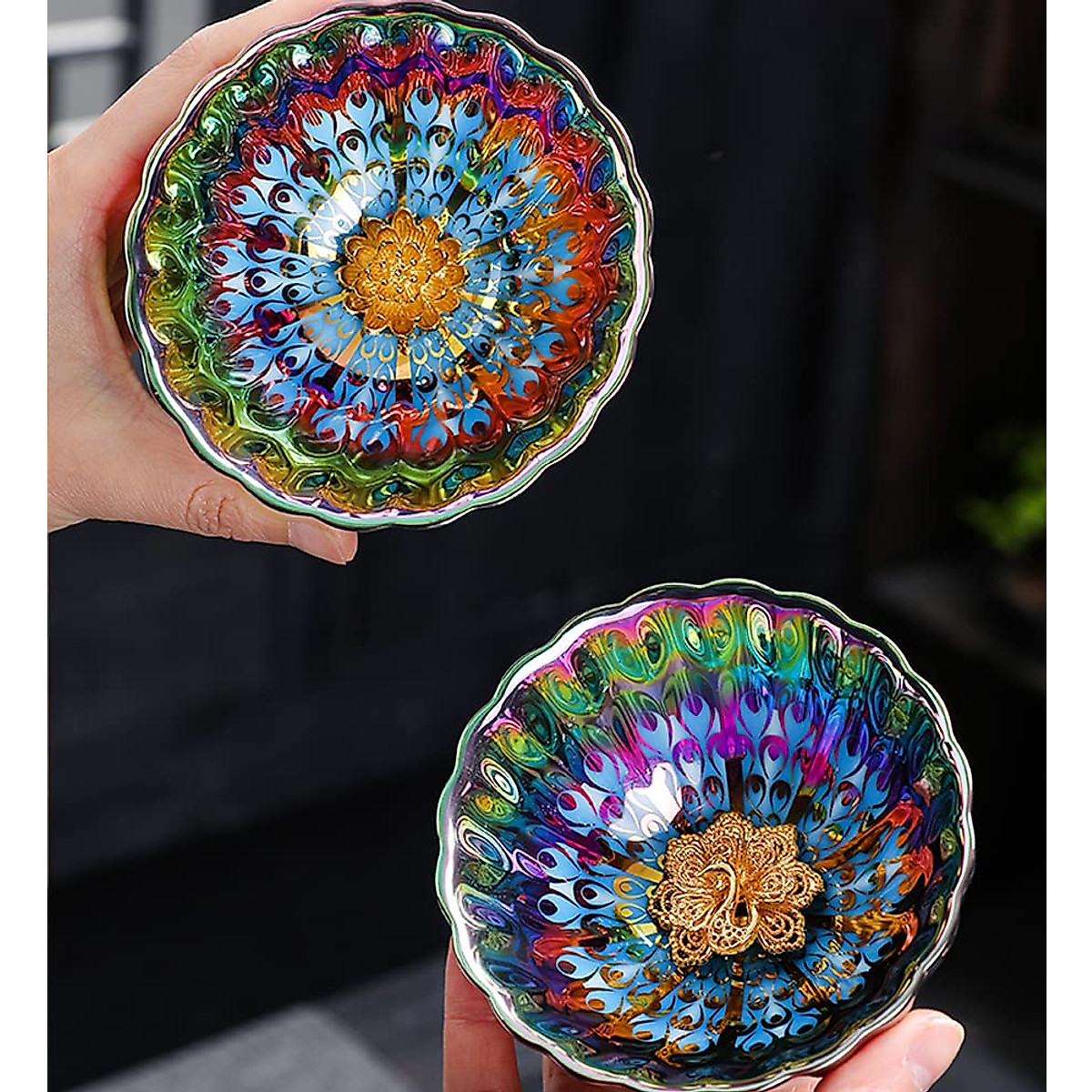 JianZhan Tenmoku Ceramic Handmade TeaCup Porcelain Teacup Kungfu Tea Cup Tenmoku Teacup Master Teacup Ceremonial Matcha Tea Mug Shape,Golden Lotus