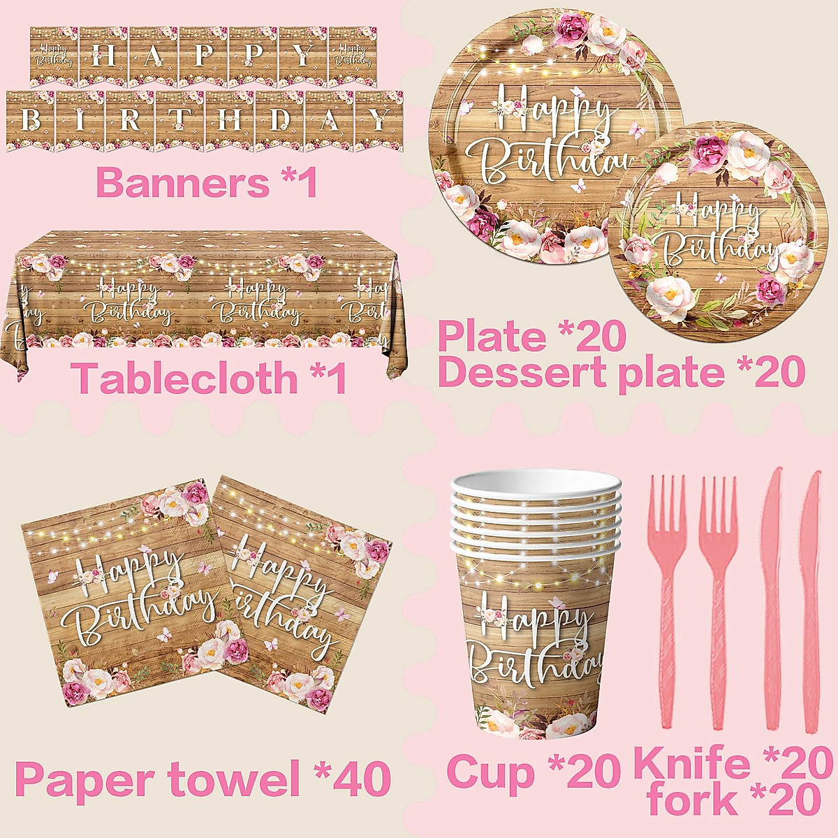142Pcs Floral Birthday Party Plates Wood Grain Flower Tableware Set for Girls Kids Bridal Shower Party Supplies Rustic Wooden Birthday Paper Plates Napkins Forks Decorations for 20 Guests