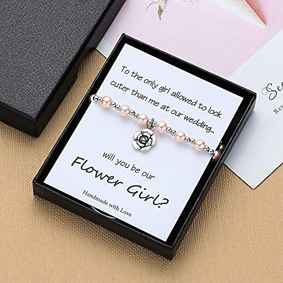 IEFSHINY Flower Girl Gifts Bracelet, Wedding Gifts for Flower Girl Wedding Bracelet for Litter Girl Flower Girl Gifts from Bride Flower Girl Wedding Gift Pink