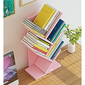 J.DXHY Tree Bookshelf,4-Layer Floor Standing Bookshelf,The Desktop Bookshelf Can Hold Books,Magazines,CDs and Photo Albums,Office Storage Rack,Pink