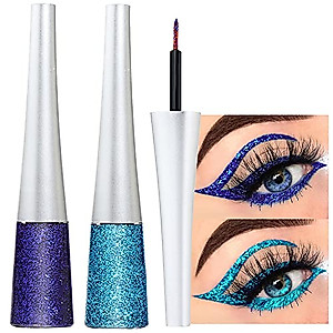 evpct 2Pcs Dark Light Royal Blue Color Liquid Glitter Eyeliner Sets Eyeliner Glitter Liquid Liners for Women Liquid Sparkly Glitter Eyeliner delineador con glitter de colores para ojos colores 03+12