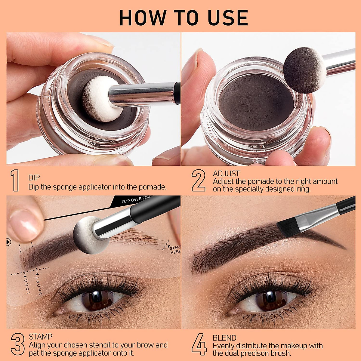 Eyebrow Stamp Stencil Kit, Brow Stamp Trio Kit with Pomade, 10 Eyebrow Stencils, Dual-ended Eyebrow Brush and Sponge Applicator (Dark Brown-B)