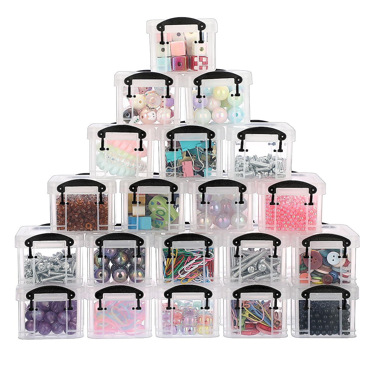 BTSKY 20 Packs Small Storage Bins with Lids Mini Plastic Bead Organizers-3.3Lx2.6Wx2H Inches Stackable Craft Storage Containers Clear Latching Boxes for Beads, Clips, Hairpins and Candy (Black)