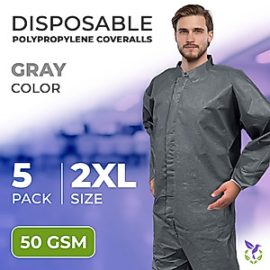 AMZ Medical Supply Gray Disposable Coveralls, 2X-Large. Pack of 5 Lab Coveralls Disposable with Front Zipper and Elastic Wrists. 50 GSM Polypropylene Painters Suit Disposable. Hazmat Costume Adult