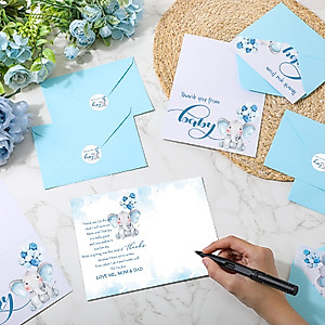 Zhanmai 50 Sets Baby Shower Thank You Cards Elephant Themed 50 Baby Shower Thank You Notes with 50 Envelopes and Stickers Baby Shower Card Baby Gift Boy Card for Baby Shower Gender Reveal Party (Blue)