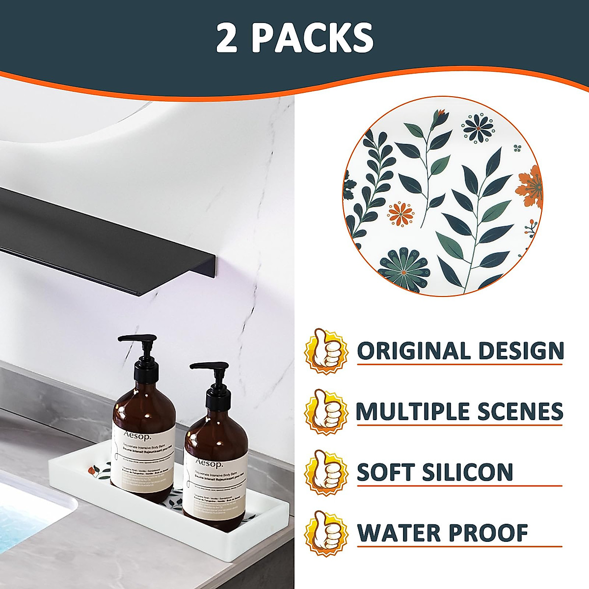 2PCS Bathroom Vanity Tray, 7.9” Silicone Floral Pattern, Elegant Organizer for Kitchen Countertop, Bedside, Toiletries, Soap Dispenser, Jewelries, Perfume, Dishwasher Safe, Kauai Sun™ (White Floral)