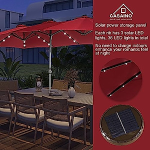 CASAINC 15 FT Solar LED Patio Umbrella with Base Double-Sided Extra Large Outdoor Umbrella Market Rectangular Twin Umbrella w/Crank for Garden Deck Lawn Pool Backyard-Burgundy (with Lights)