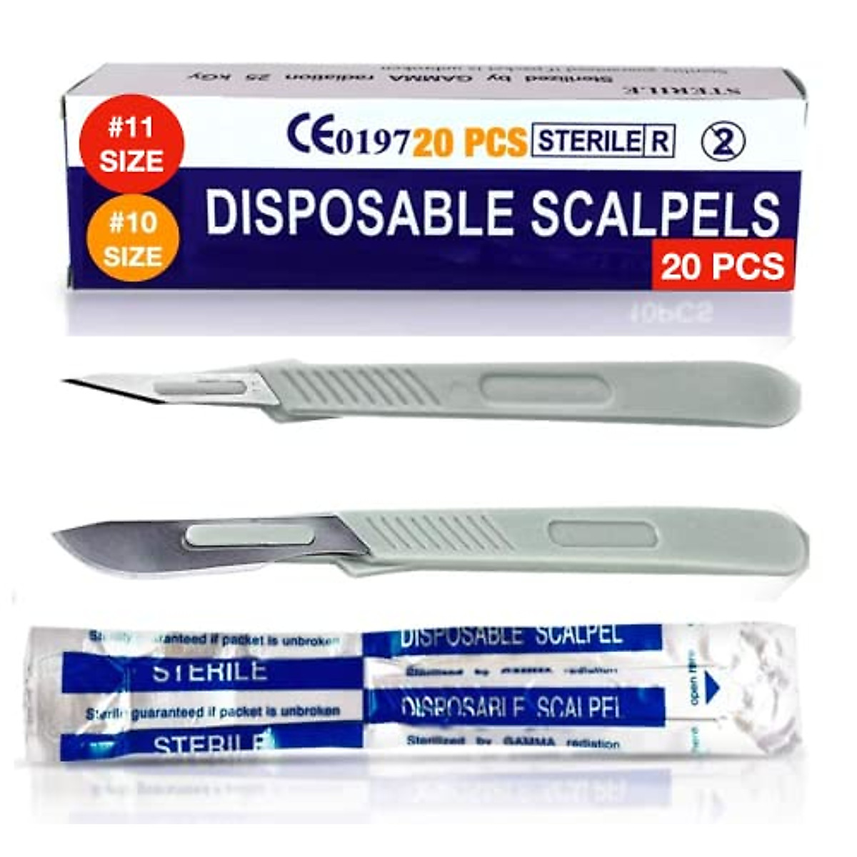 MedHelp Disposable Scalpels #10 + 11 ● Box of 20 Disposable Dermaplaning Blades with Plastic Handle, Scalpel Blades, High Carbon Steel Dermablade Blades Individually Wrapped Sterile