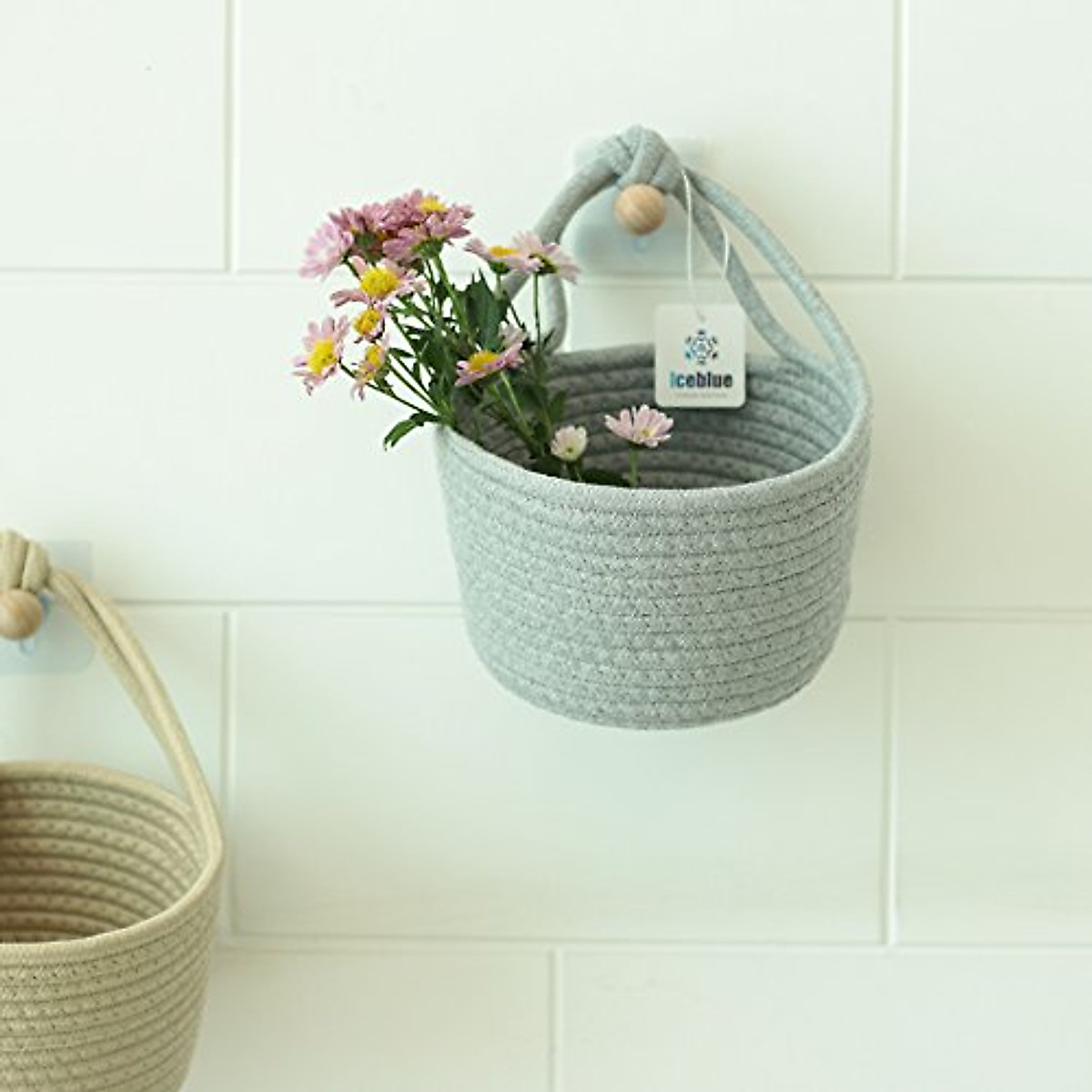 Iceblue 6''X4.5''Grey Round Cotton Rope Over Wall Door Closet Window Hanging Storage Basket
