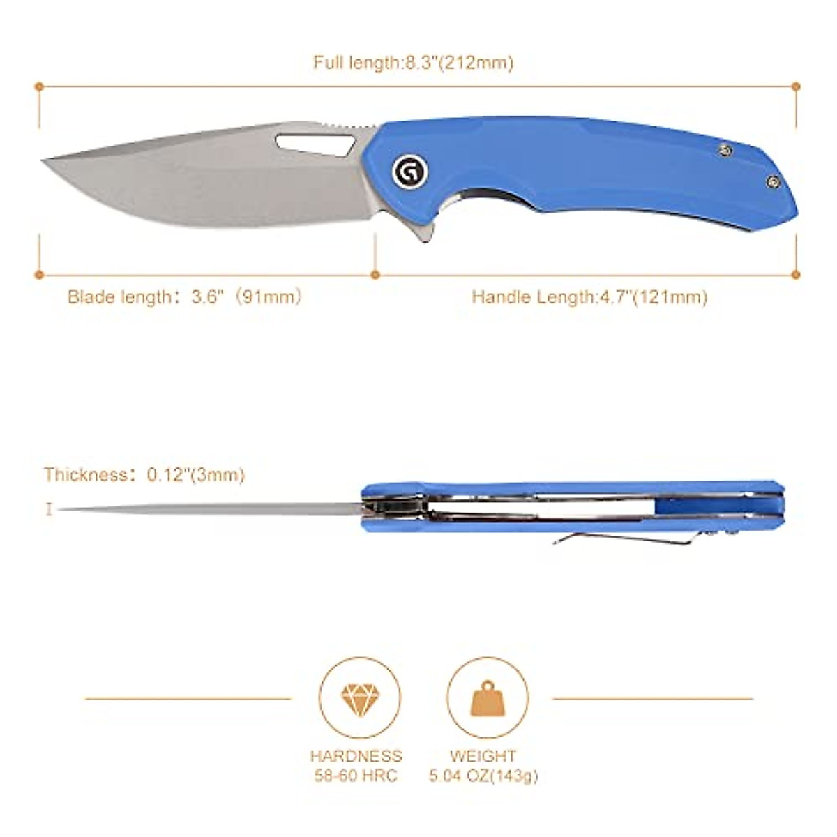 GVDV 9Cr18Mov Stainless Steel Pocket Knife with Ball Bearing Flipper, 3.6”Blade Folding Knife with G10 Handle, EDC Pocket Knives for Hunting Camping Fishing, Gifts for Men Women, Large (Blue)