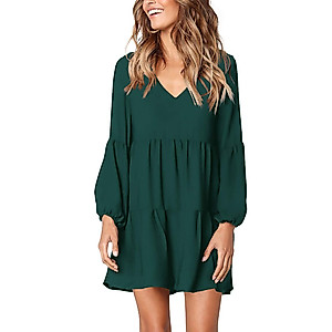 Amoretu Women Long Sleeve Tunic Dress V Neck Swing Shift Dresses(Green,X-Large)
