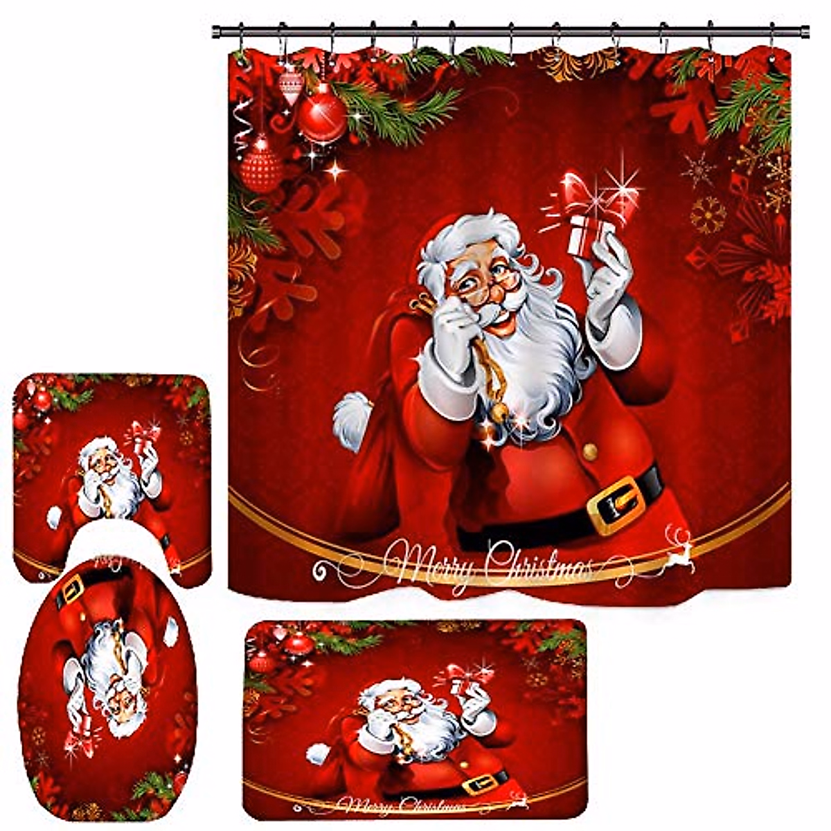 4pcs Merry Christmas Shower Curtain Sets,Waterproof Bath Curtain with 12 Hooks,Base Mat,Toilet Mat,Floor Mat,Holiday Bathroom Decoration Set (A16)
