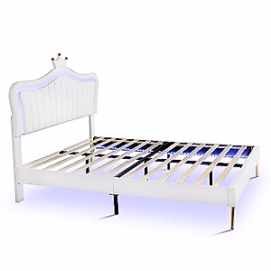 YSWH Queen Size Upholstered Princess Bed, Platform Bed Frame with Adjustable Crown Shaped Headboard and LED Lights, Fun Cute Bed Princess Bed for Kids, Bedroom Furniture Upholstered Bed (White)