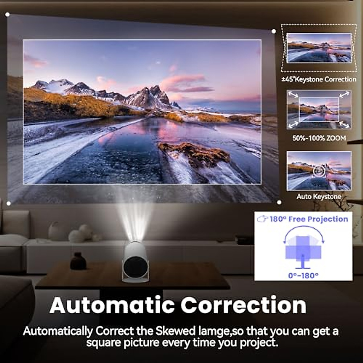C Cosycost Mini Projector,Auto Keystone Correction Portable Projector 200 ANSI 4K Smart Projector with WiFi 6 BT 5.0 Screen Adjustment,180 Degree Flip,Built-in Android OS 11.0 Home Theater Projector