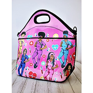 Reflections By Zana Large Pink Afro African American Women Neoprene Lunch Tote with Adjustable Shoulder Strap