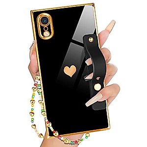 Petitian for iPhone XR Square Case Loopy Stand/Strap, Luxury Cute Women Girls Heart Electroplated Designer Squared Edge Phone Cases for XR, Black
