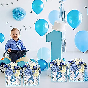 Easy Joy Baby Shower Centerpieces for Boys Floral Blue Baby Centerpiece Blove Flower Boxes Party Arrangement Favor Block Holder Gender Reveal Table Display Boy Decoration Without Flowers (4 Pcs)
