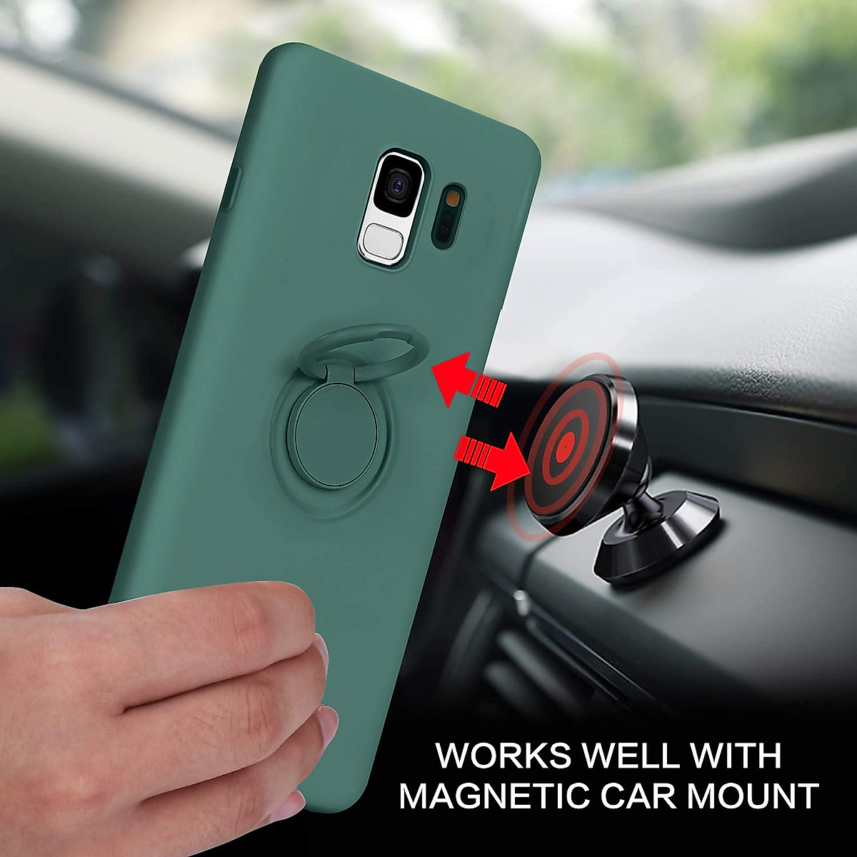 BENTOBEN Samsung Galaxy S9 Case, Slim Silicone | 360° Ring Holder Kickstand | Support Car Mount | Soft Rubber Shockproof Bumper Protective Non-Slip Case for Samsung Galaxy S9 5.8" (2018), Dark Green