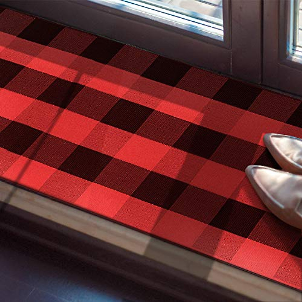 Buffalo Plaid Area Rug, 23.6 x 51.2 inch Kitchen Rug Cotton Outdoor Mat for Porch Bathroom Carpet Living Room Indoor Doormat, Black and Red