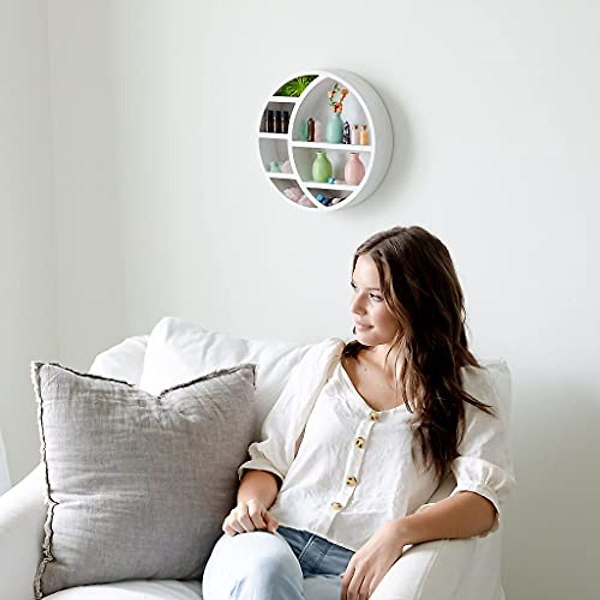 Crescent Moon Shelf Wall Decor - Rustic Wooden Moon Shelf for Crystals, Stones & Essential Oils - Wall-Mounted & Easy to Hang - Boho Shelf for Nursery or Bedrooms - 14 x 14 x 3.5 in. (White)