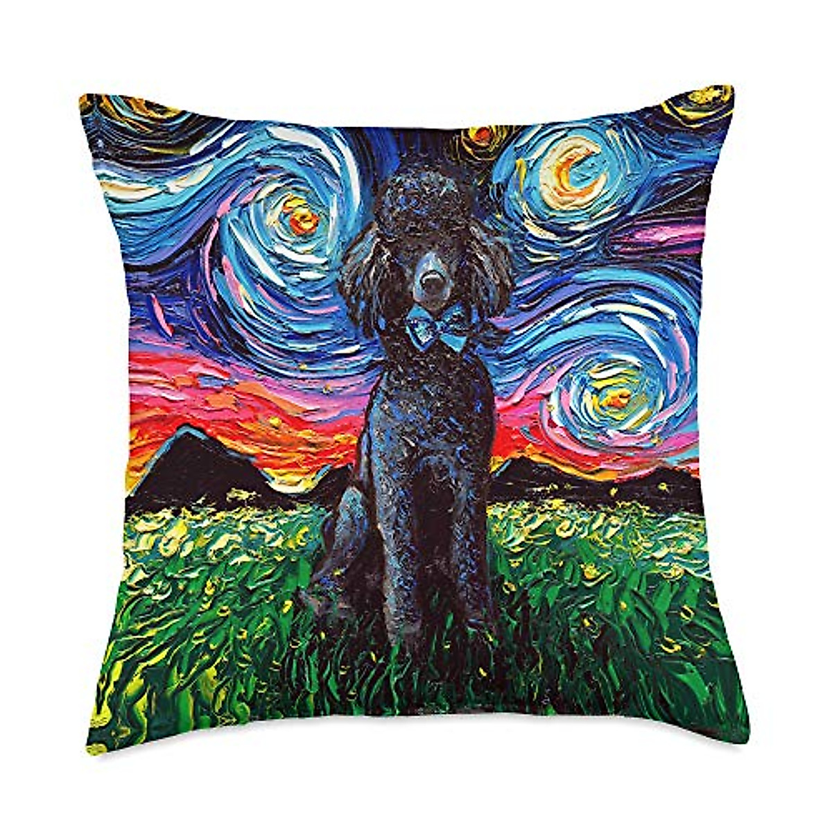 Sagittarius Gallery Black Standard Poodle Starry Night Dog Art by Aja Throw Pillow, 18x18, Multicolor