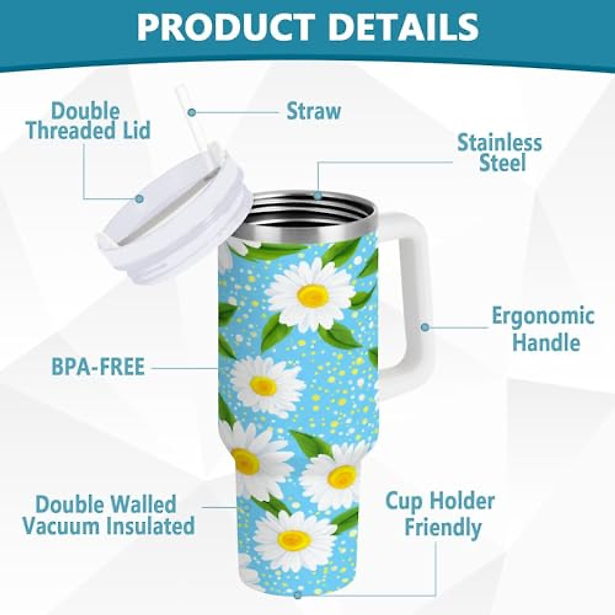RPLIFE White Daisies Yellow Light Blue 40 Oz Tumbler, Stainless Steel Tumbler with Straw, Travel Coffee Tumbler