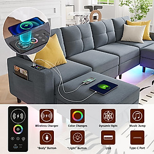 FOMNEY Sectional Couches for Living Room, LED Modular Sectional Sofa with Charging Station, 6 Seats U Shaped Couch with Storage, Ottomans, 6 Pieces Set Sectional Couch Grey Sofa Couch