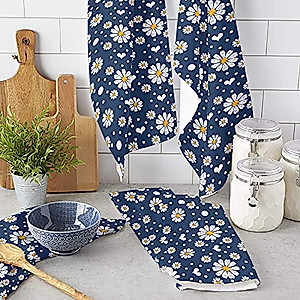 MUENINELE Dish Cloths Kitchen Towels, White Daisy Heart Gray Indigo Dishcloths Soft Reusable Cleaning Cloths Absorbent Dish Towels for Household Cleaning, 1 Pack, 18"x28"