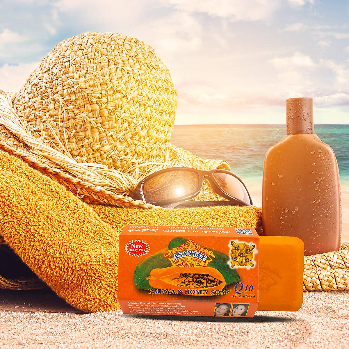 ASANTEE PAPAYA & HONEY Soap Bars with Vitamin C,E and Q10 Skin Cleansing 4.40 Oz (Pack of 3)