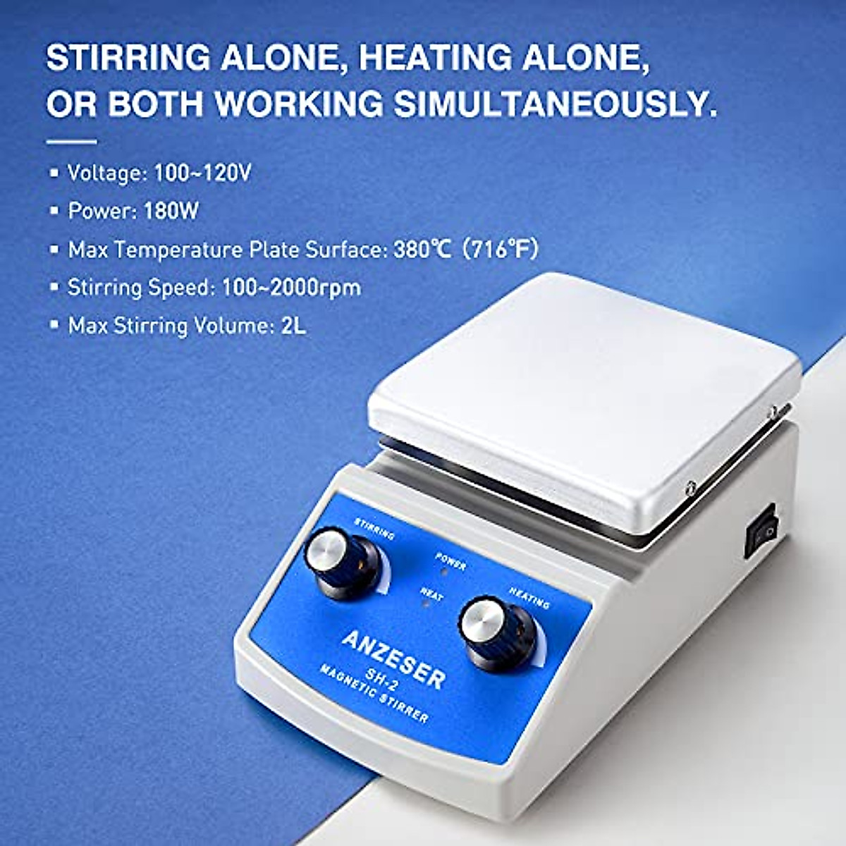 ANZESER Magnetic Stirrer Hot Plate, 100-2000rpm Magnetic Hotplate Stirrer, 180W Heating Power 716℉ Hot Plate Stirrer, 5×5 Inch Magnetic Stir Plate
