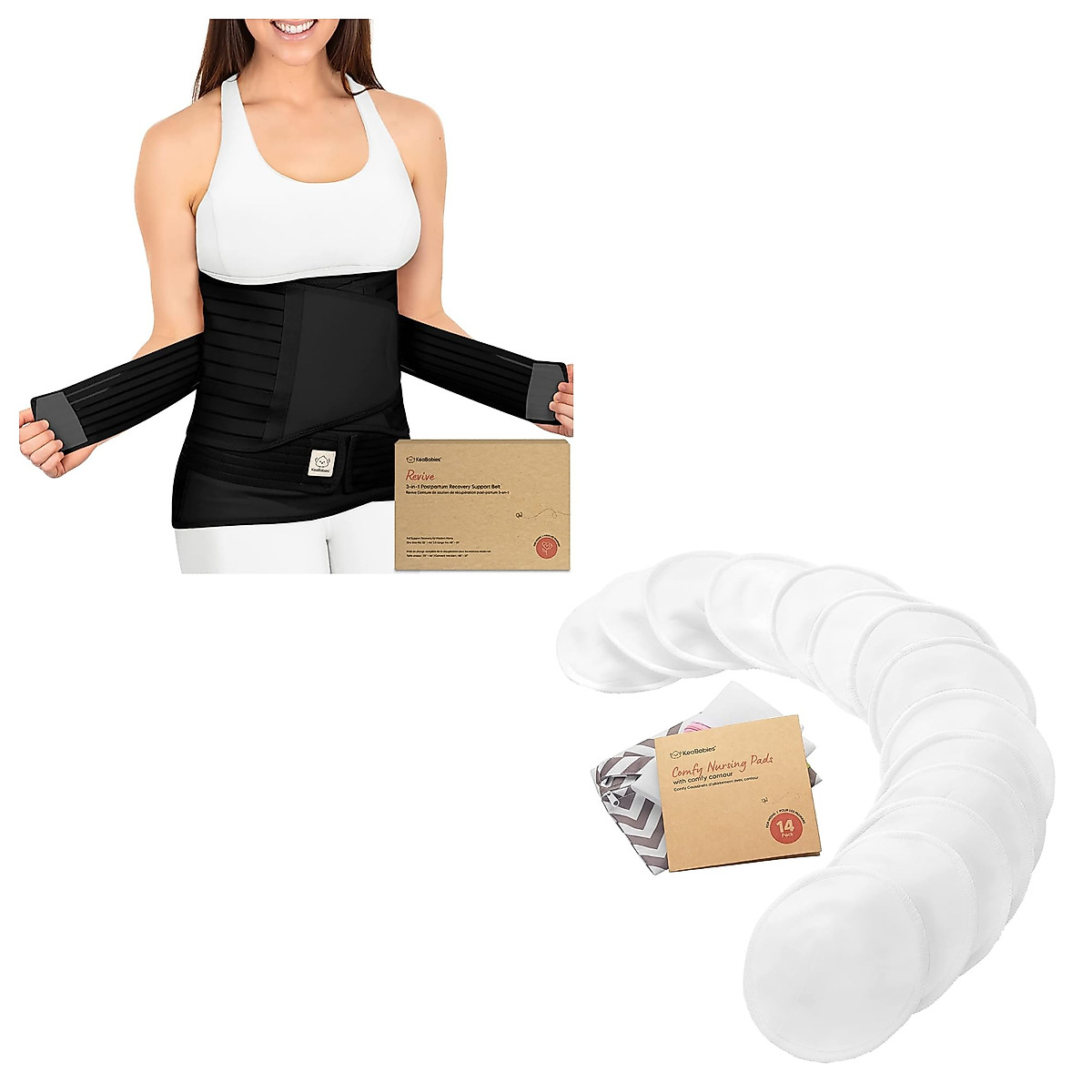 KeaBabies 3 in 1 Postpartum Belly Support Recovery Wrap and Bamboo Viscose Nursing Pads Bundle - Pregnancy Belly Support Band - 14 Washable Pads + Wash Bag