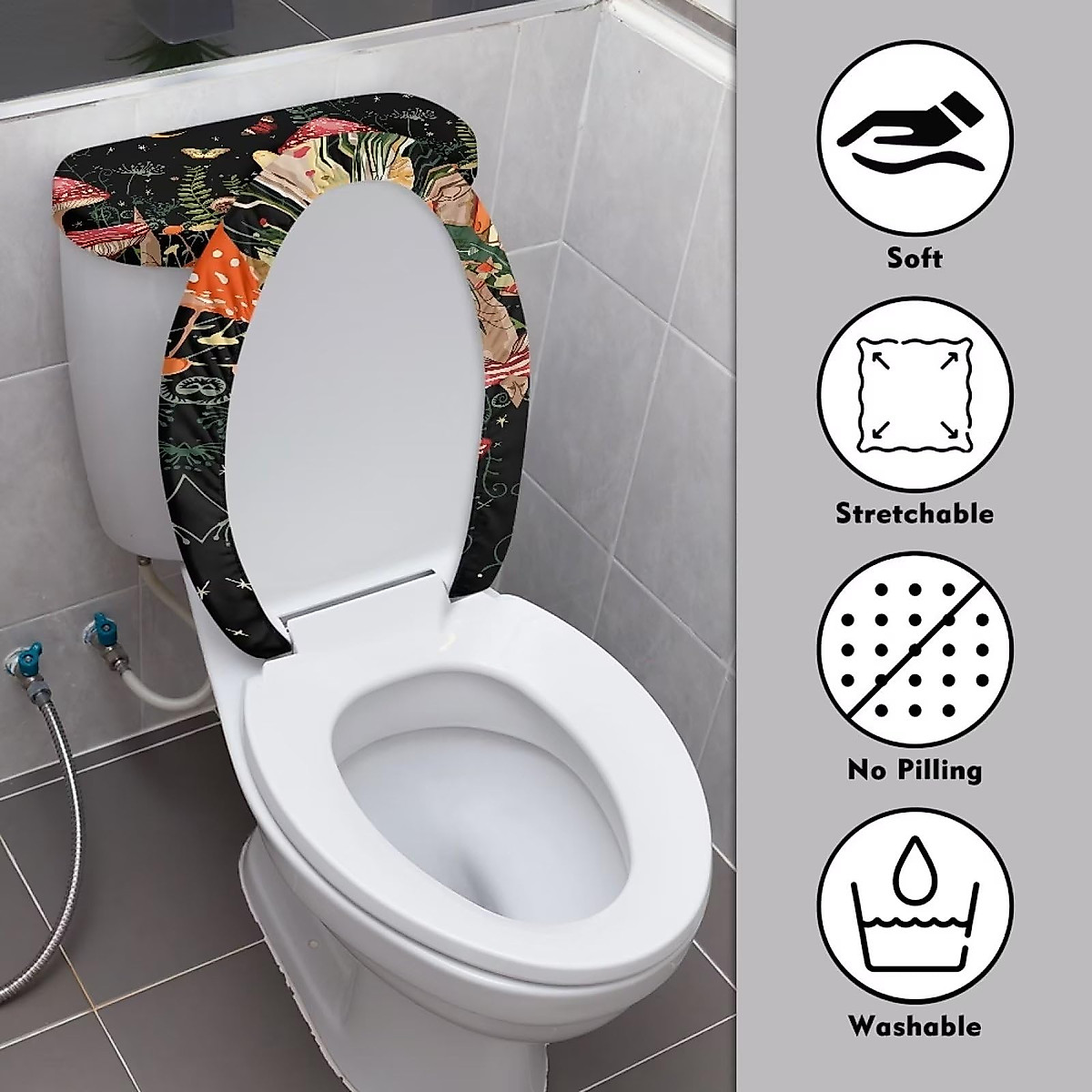 ZUXONGSY Balck Toilet Tank Lid Cover Polyester Fabric Toilet Cover Elastic Bottom Soft Bathroom Covers Dustproof 2Pcs Toilet Cover Set Covers Stains Stays Clean Easy To Install